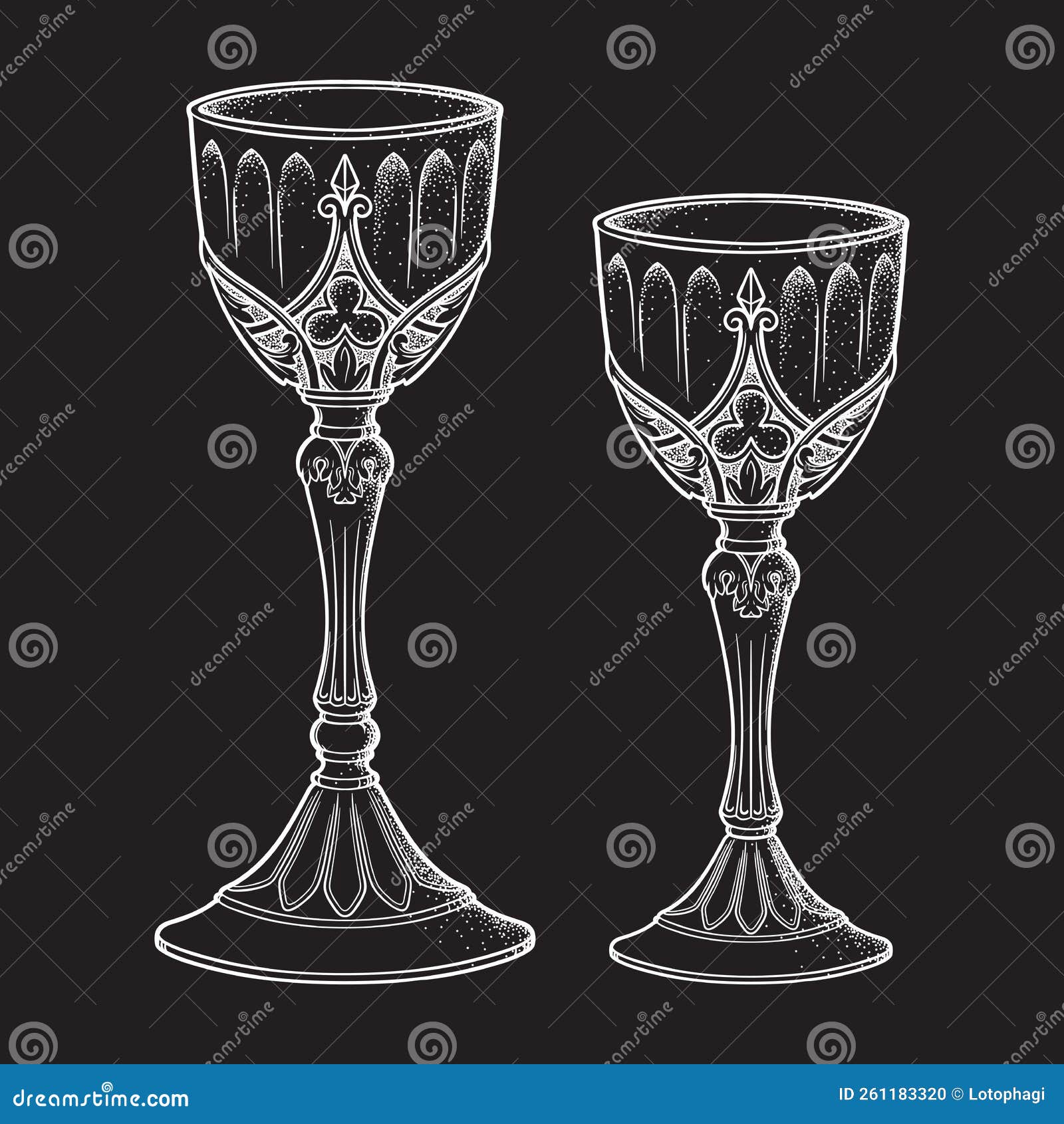 Gothic Goblets Or Holy Grail Set Hand Drawn Line Art And Dot Work ...