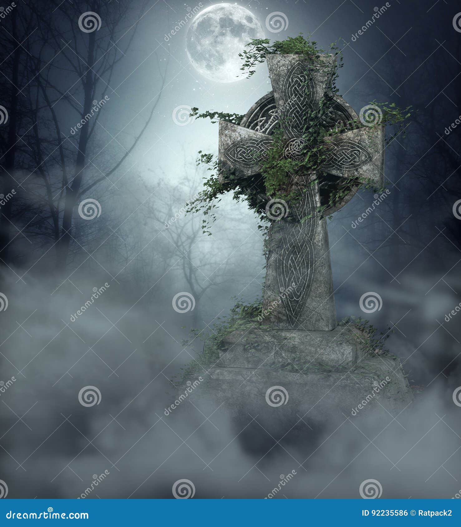 Gothic Gravestone in Graveyard at Full Moon Stock Photo - Image of ...