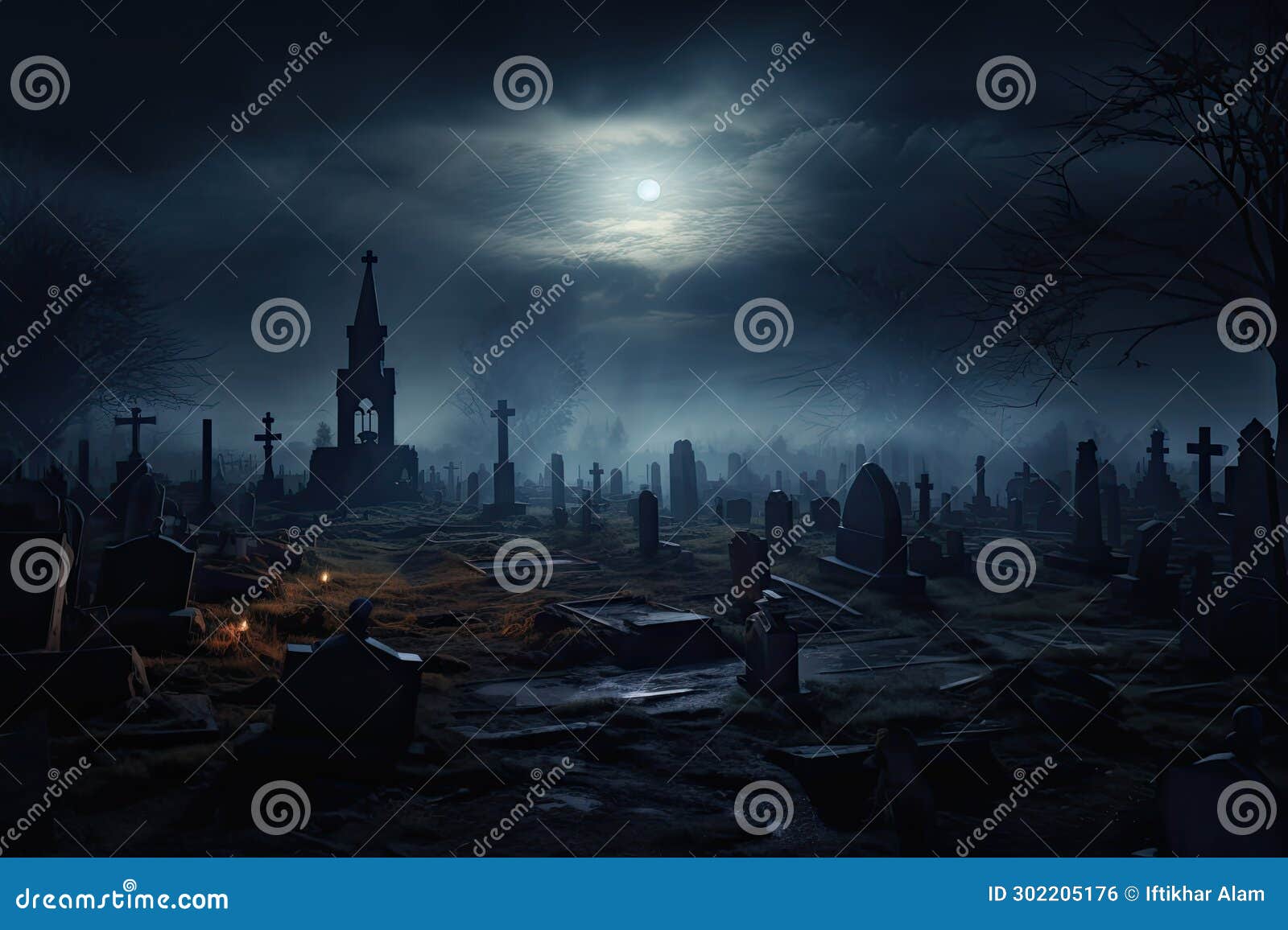 Gothic Graveyard at Night with Full Moon, 3d Rendering, AI Generated ...
