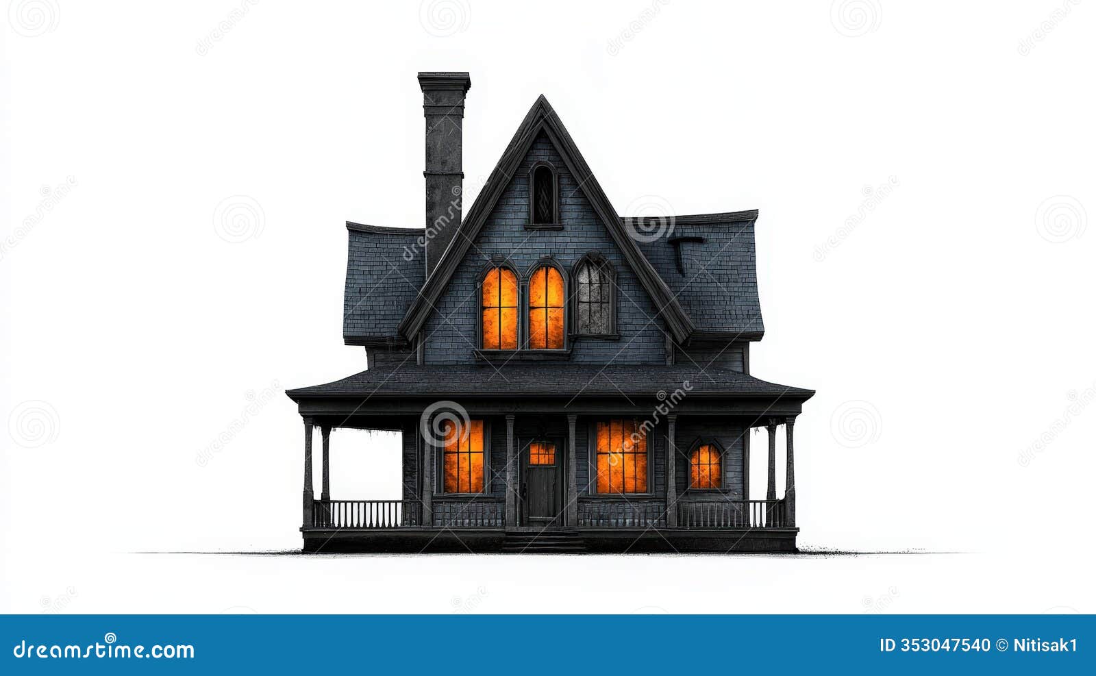 Gothic House with Glowing Windows Isolated on a White Background Stock ...