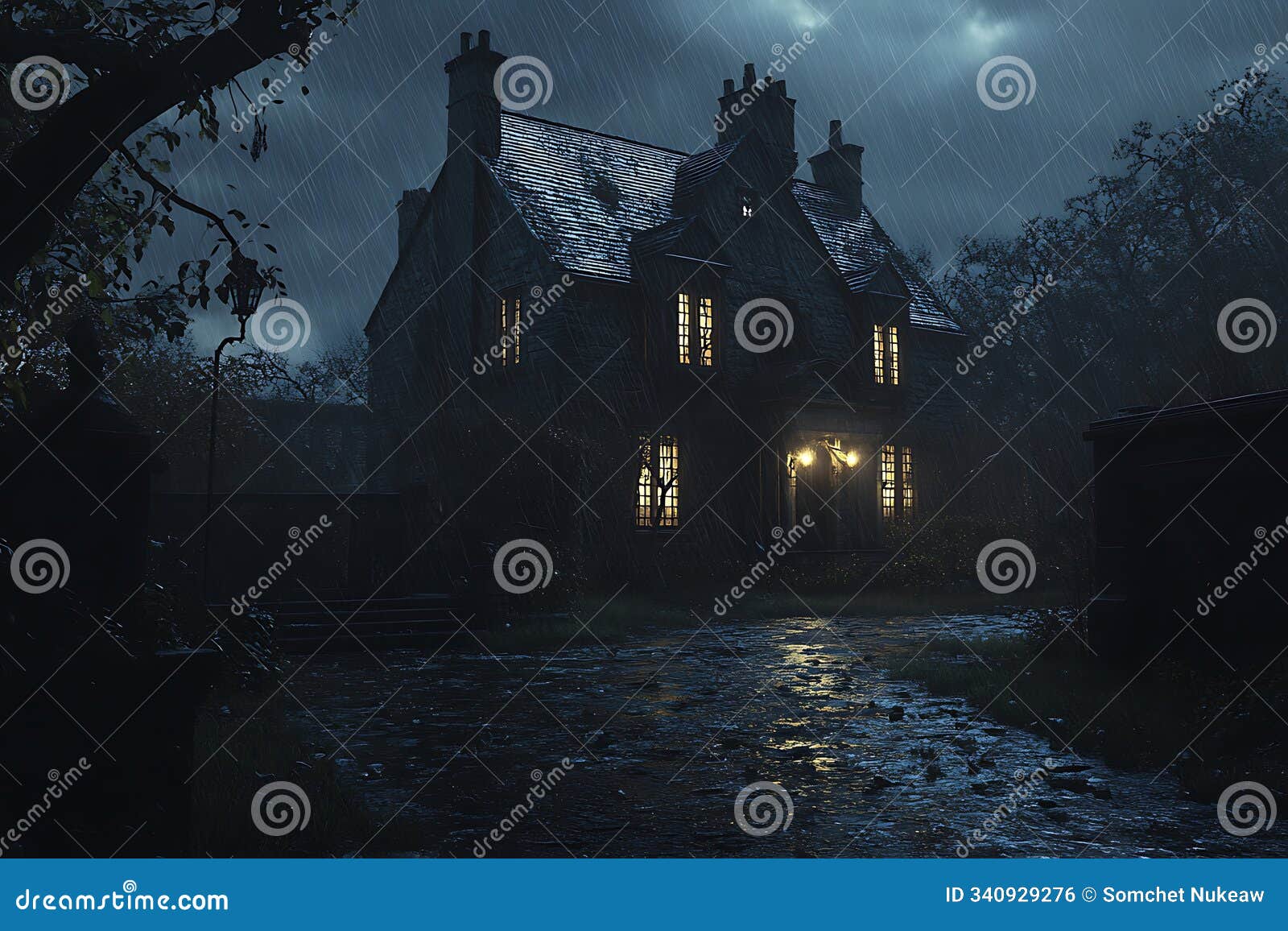 Gothic House Illuminated at Night in Rainy, Moody Atmosphere Stock ...