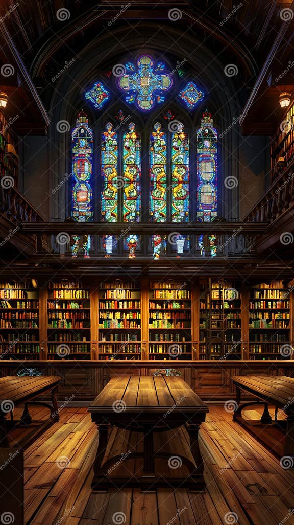 Gothic Library Interior with Stained Glass Windows Stock Photo - Image ...