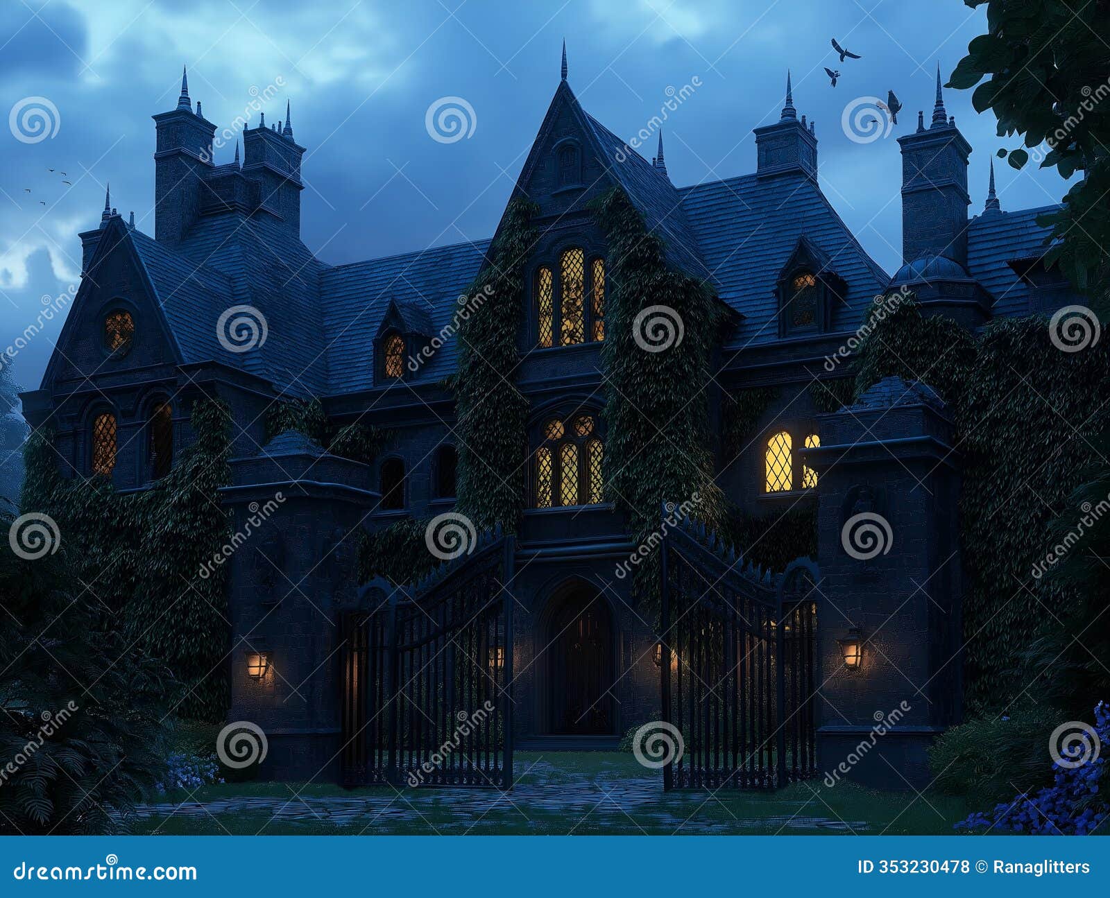 Gothic Mansion at Night, Illuminated Windows and Gates Stock ...