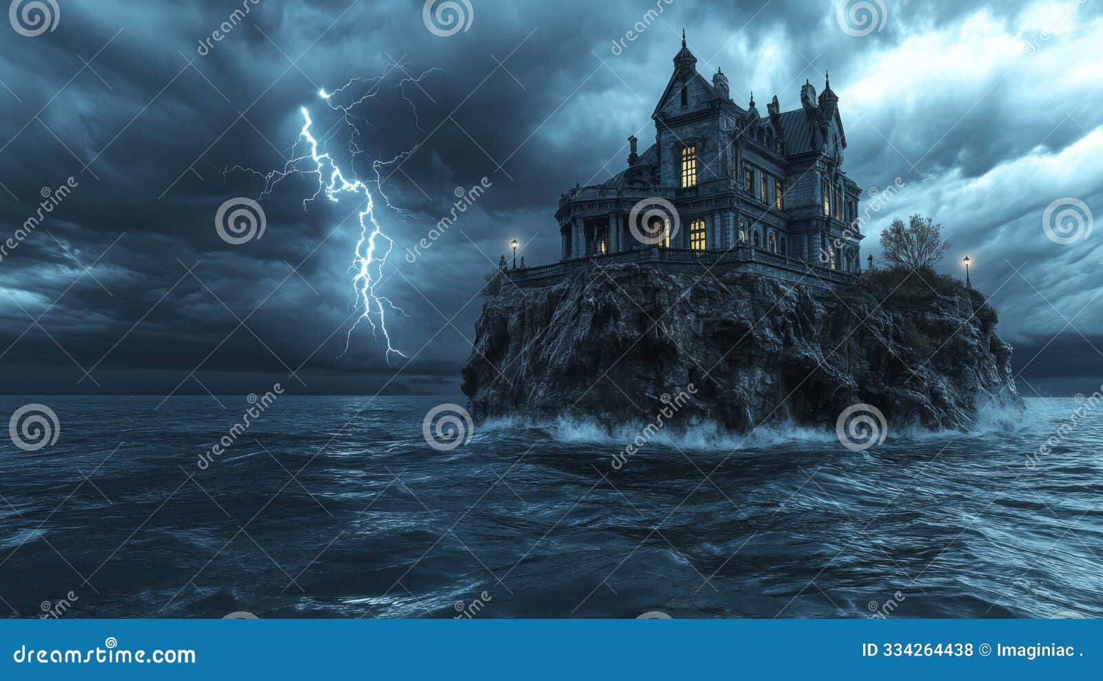 A Gothic Mansion on a Rocky Island during a Thunderstorm Stock ...