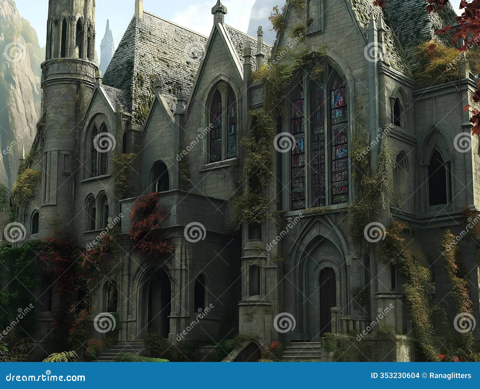 Gothic Mansion, Stone Facade, Overgrown with Ivy Stock Illustration ...