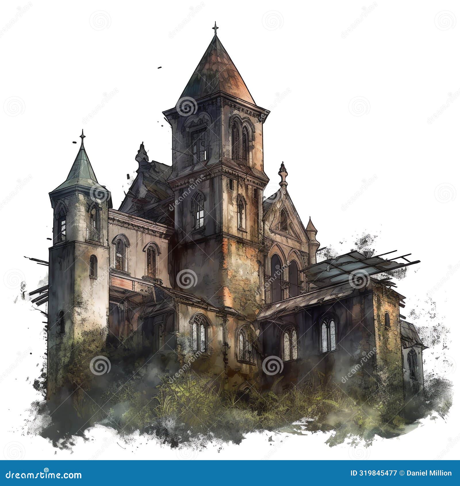 Gothic Mantion Watercolor Illustration Royalty-Free Cartoon ...