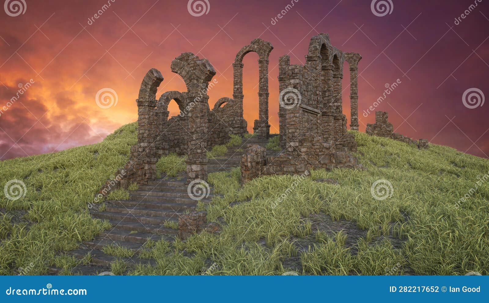 Gothic Medieval Ruins on a Hill with Sunset Sky Behind. 3D Rendering ...