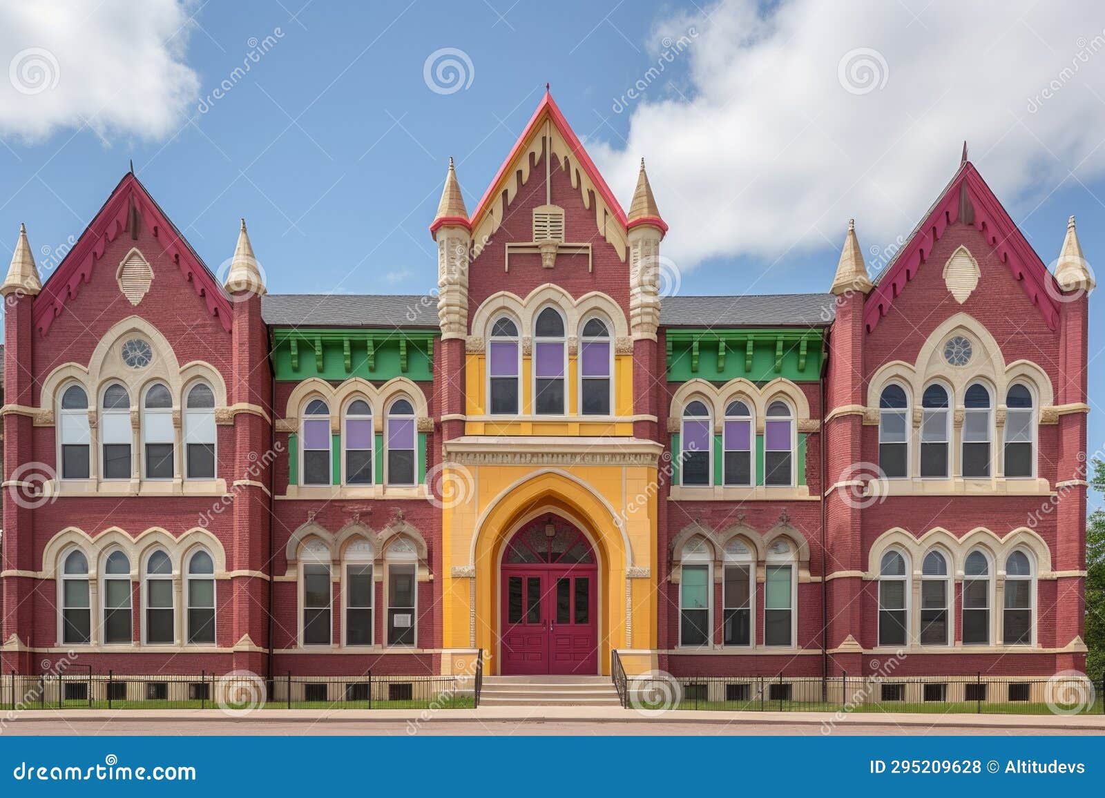 Gothic Revival School Building with Colorful Pointed Arch Windows Stock ...