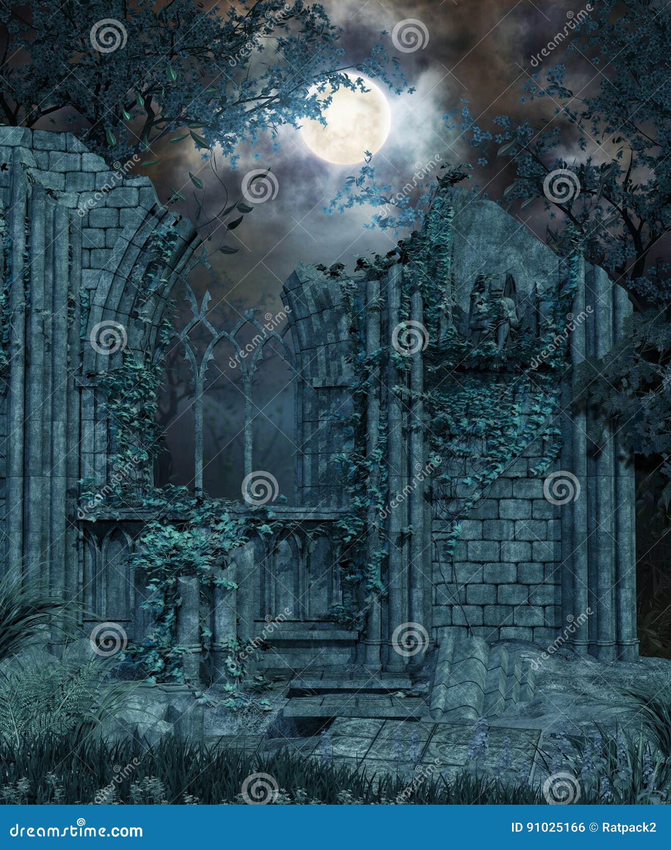 Gothic Ruin at Night stock illustration. Illustration of night - 91025166