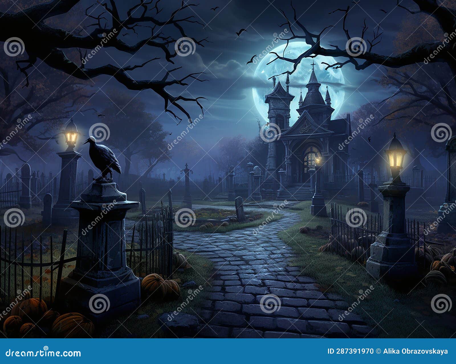 Gothic Scene at Cemetery on a Moonlit Halloween Night Stock ...