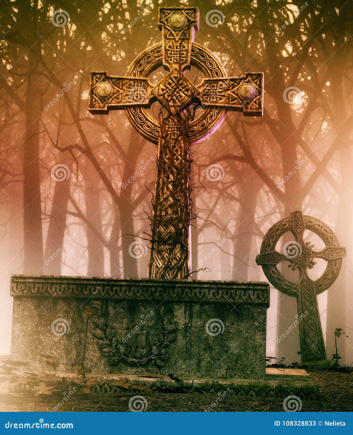 A Gothic Scene Shrouded In Mist, With Beautiful Plants Framing Vibrant ...