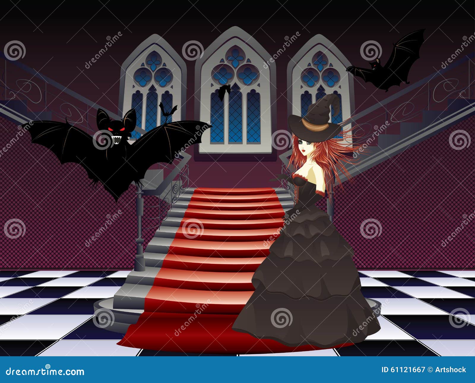 Gothic Stairs and Witch stock vector. Illustration of woman - 61121667