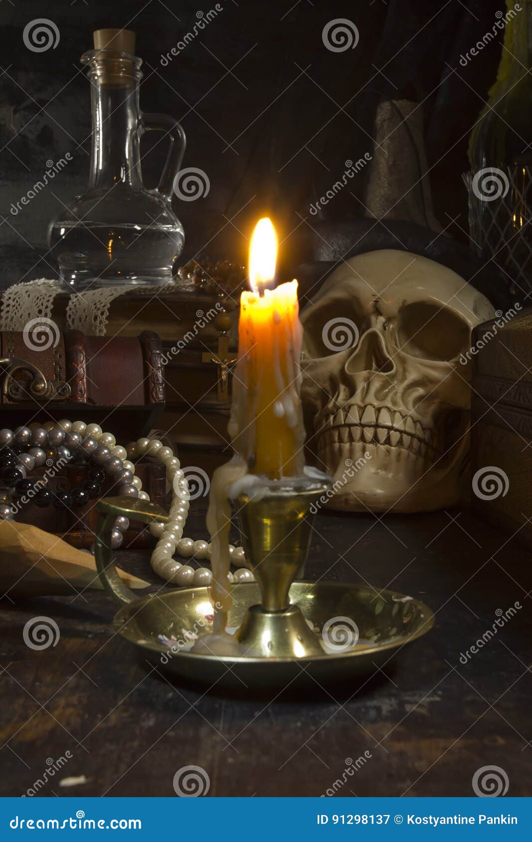 Gothic still life stock image. Image of candlelight, decay - 91298137