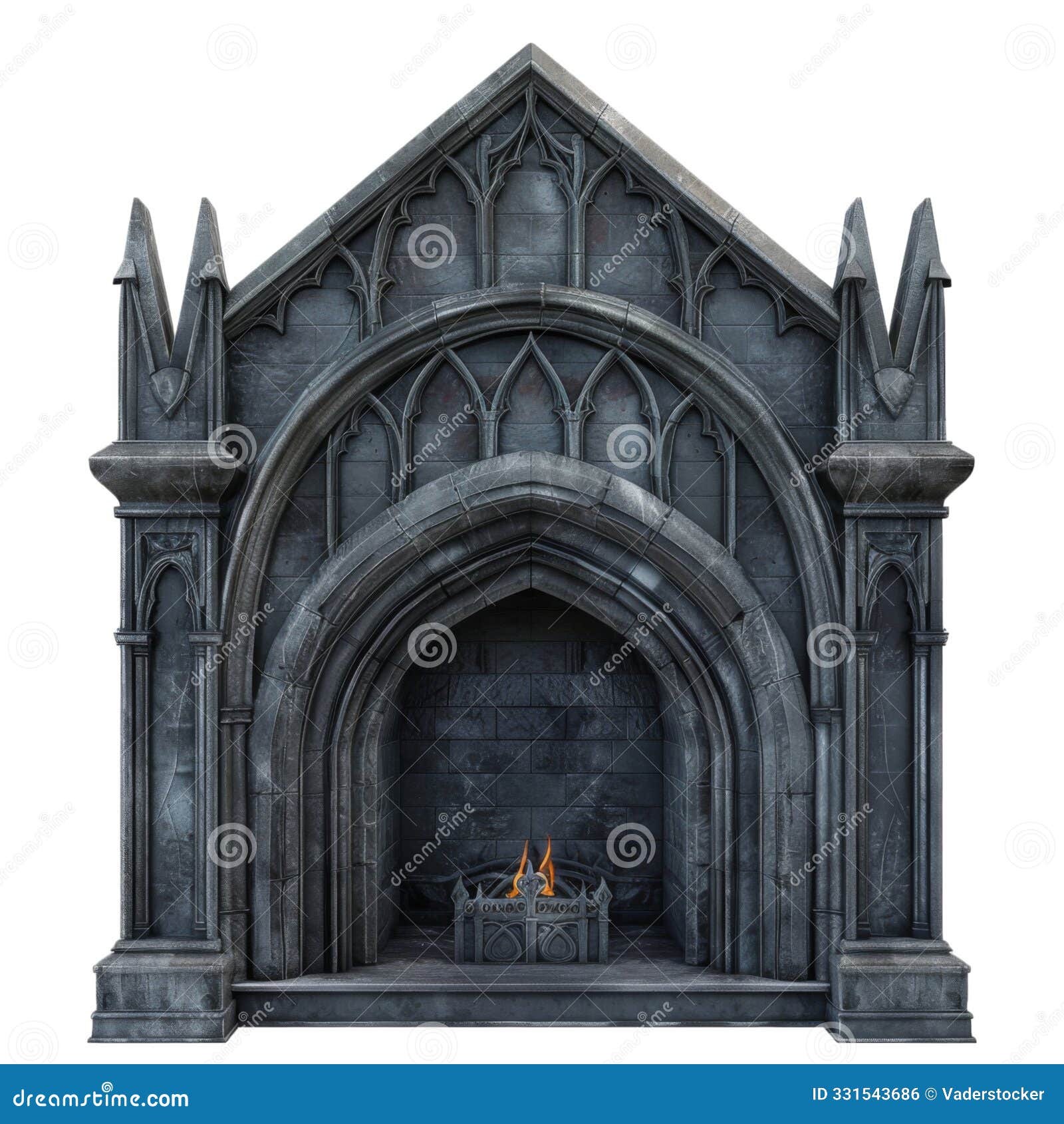 Gothic Stone Fireplace with Flames Stock Photo - Illustration of ...