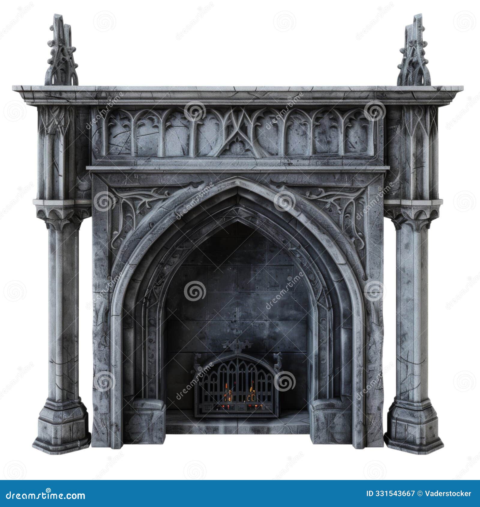 Gothic Stone Fireplace with Intricate Carvings and Burning Fire Stock ...