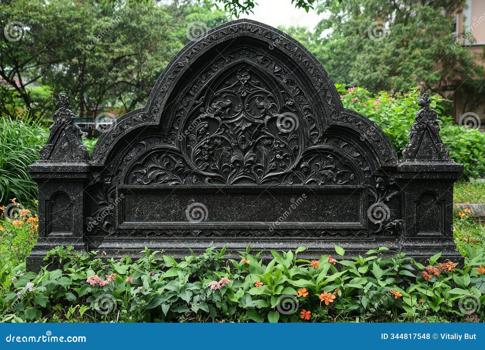 Gothic Style Granite Headstone Featuring Intricate Stonework and Motifs ...