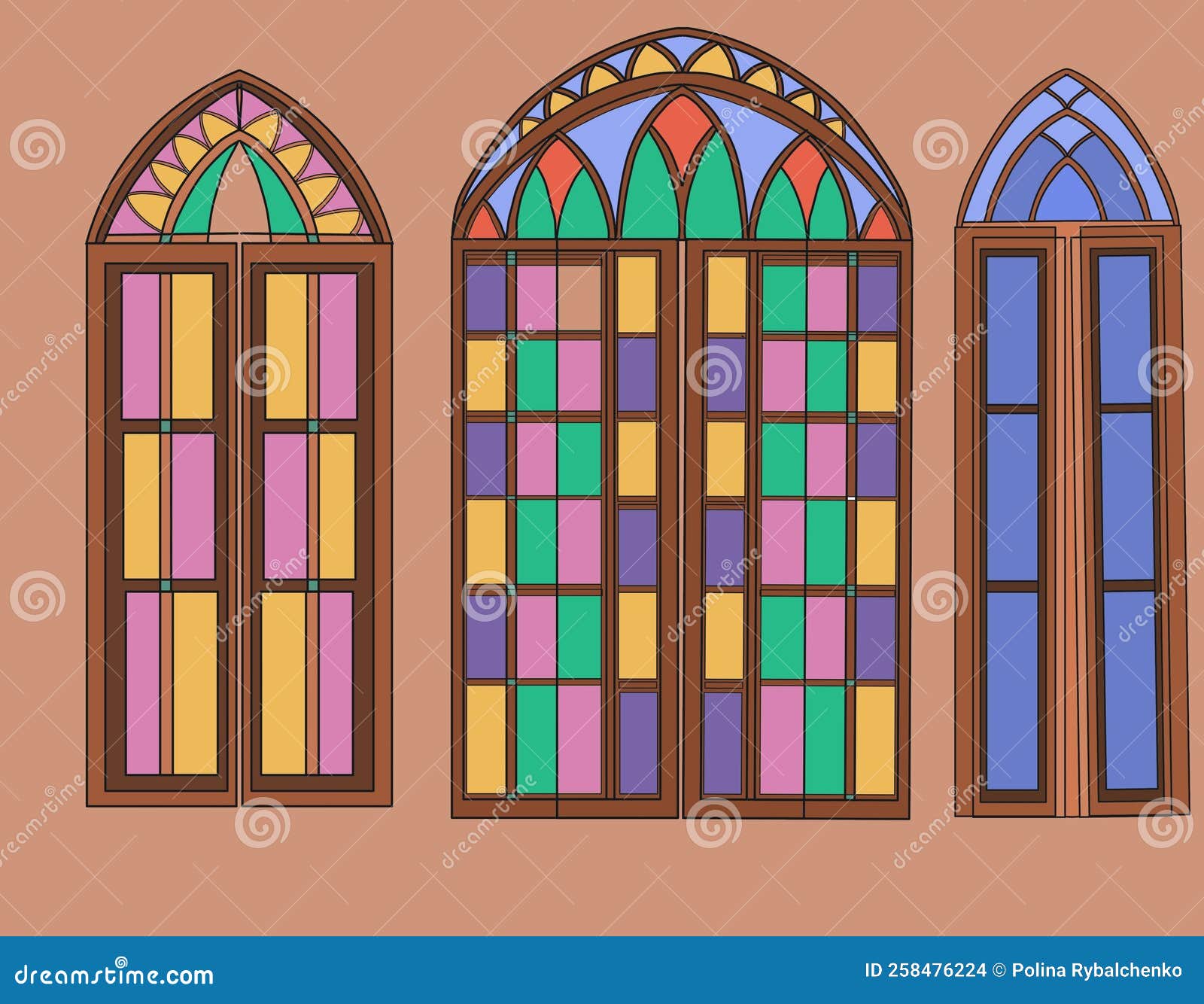 Gothic Style Windows Bright Colored Stained Glass Windows Hand Drawn ...