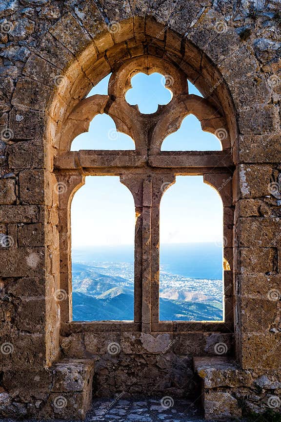 Gothic Window with a Mountain View Stock Photo - Image of kirenia ...