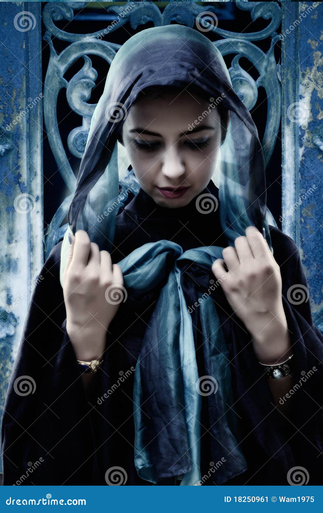 Gothic Woman With Bird On Huge Scary Throne With Blue Spooky Light ...