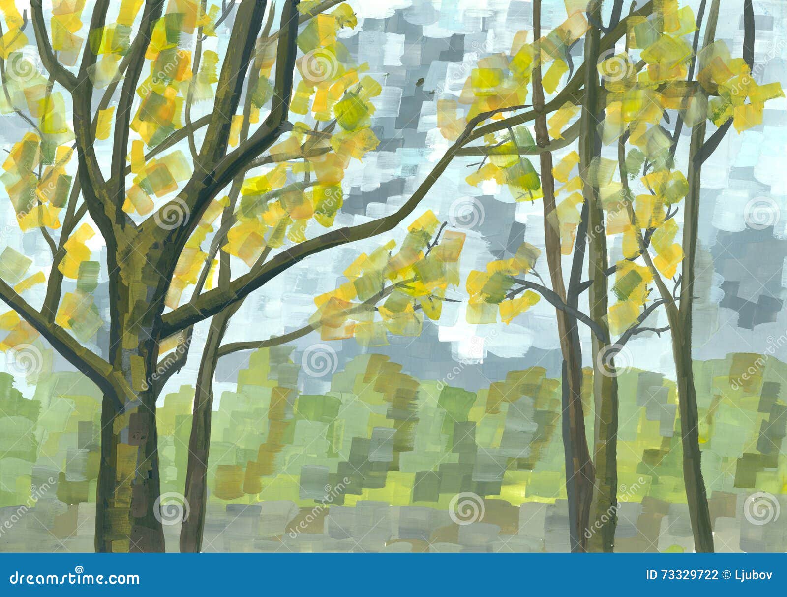 Gouache Illustration with Trees. Stock Illustration - Illustration of ...