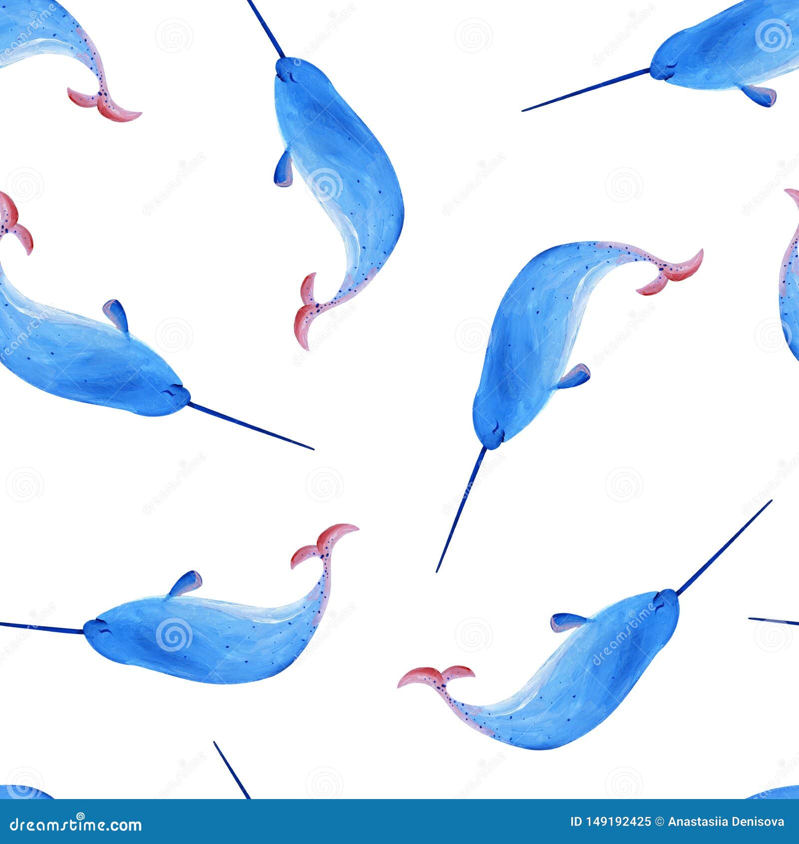 Gouache Seamless Blue Swimming Narwhal with Nice Smile Stock ...