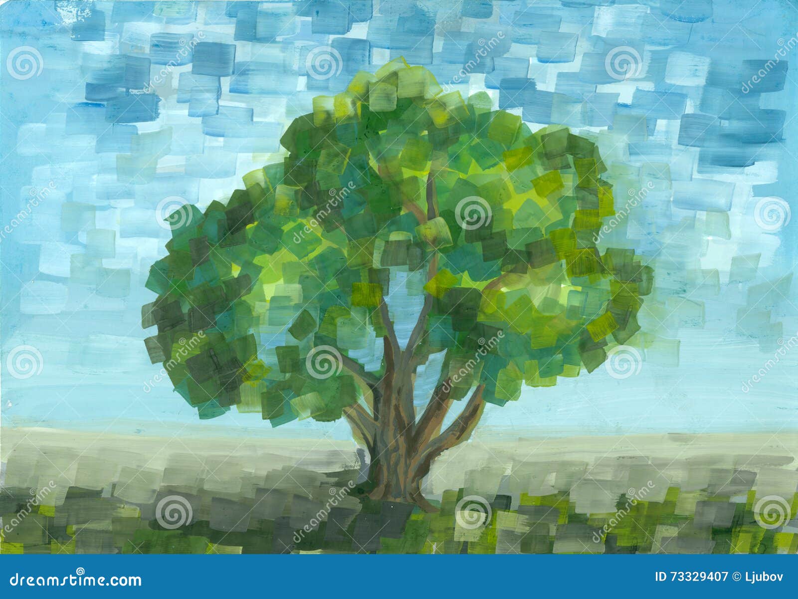 Gouache Tree in Summer Day. Stock Illustration - Illustration of color ...