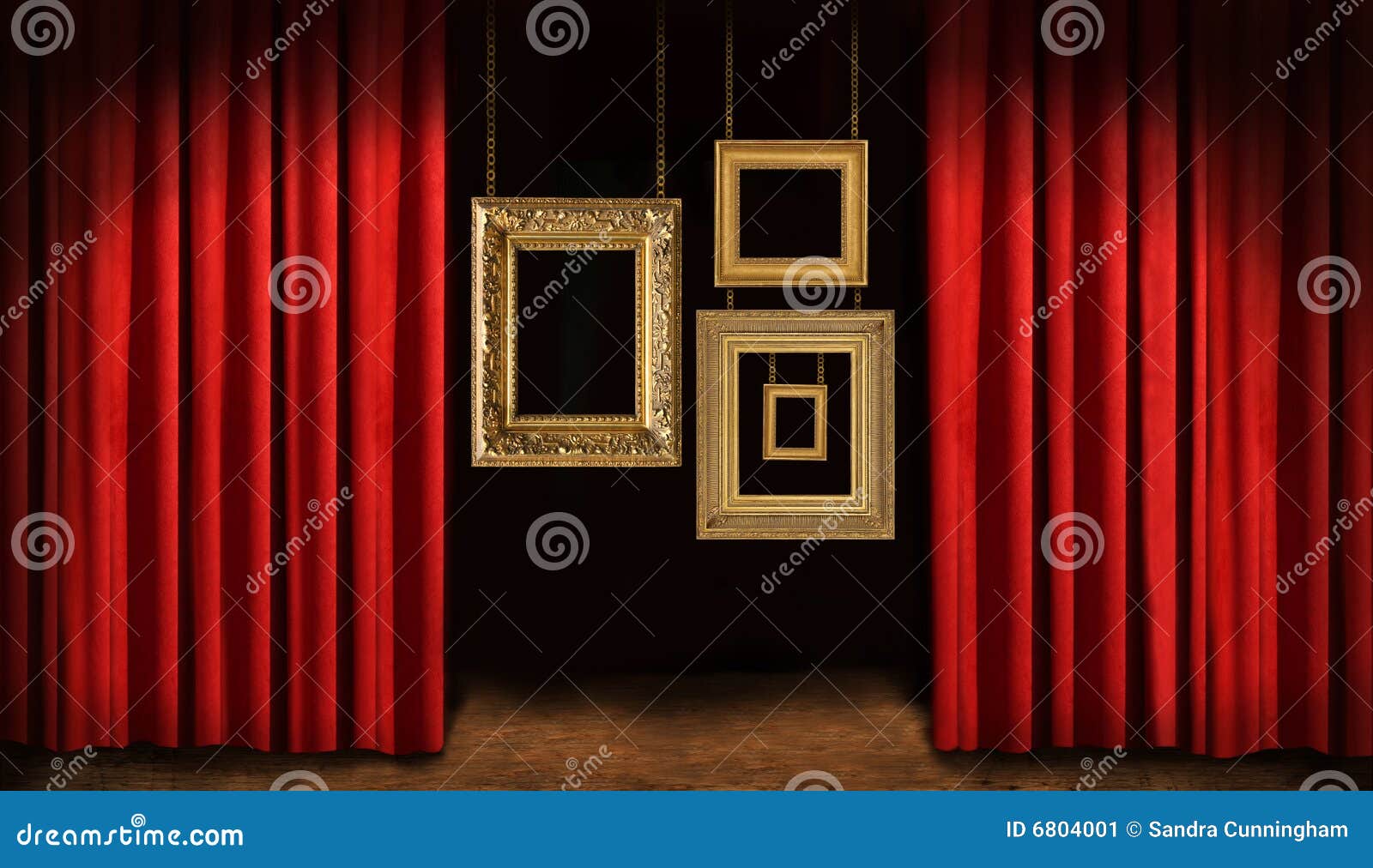 Gouden Frames Met Rood Gordijn Stock Afbeelding - Image of doek, zwart ...