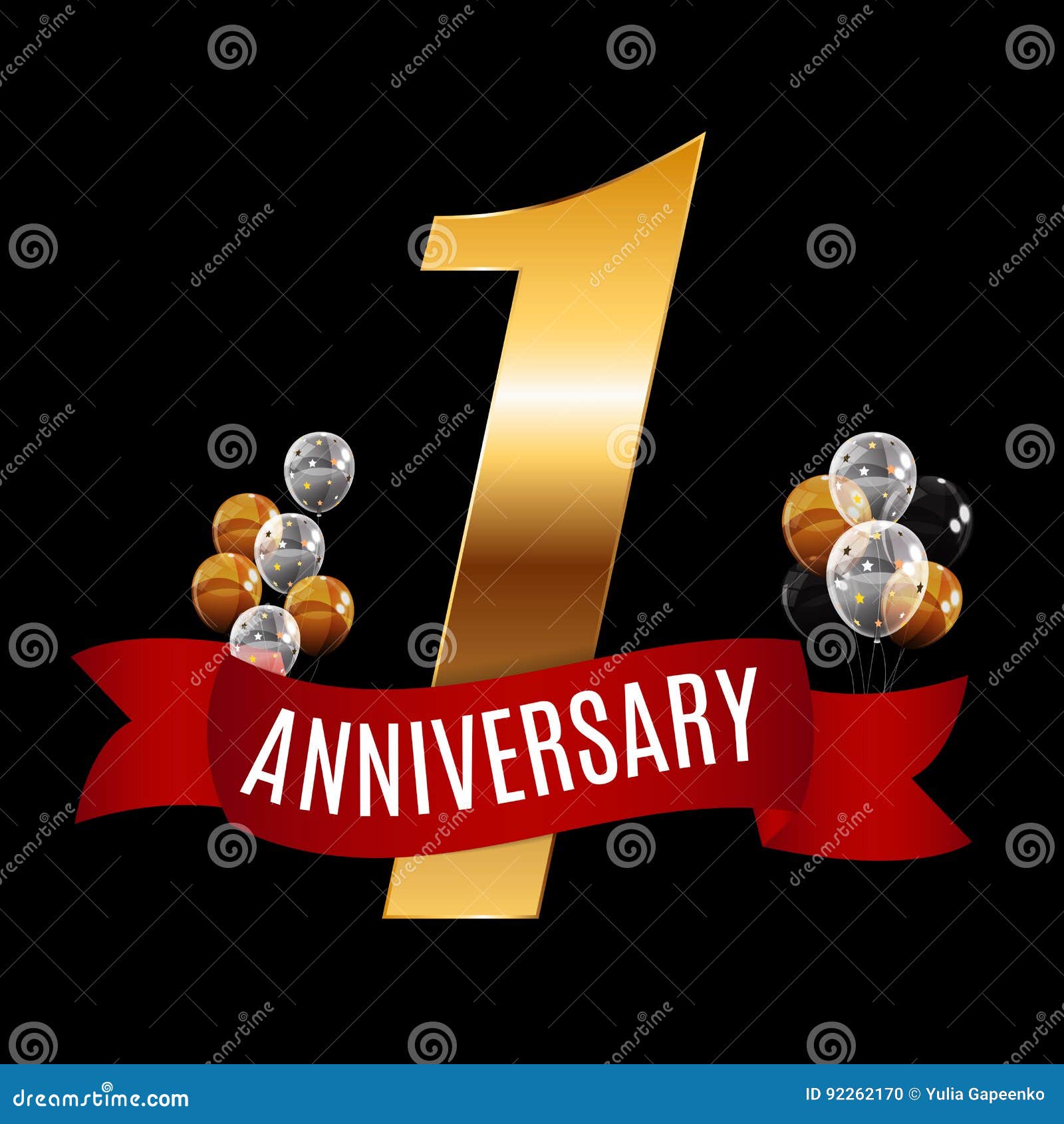 Gouden 1 Jaar Verjaardagsmalplaatje Met Rode Lintvector Vector Illustratie - Illustration of ...