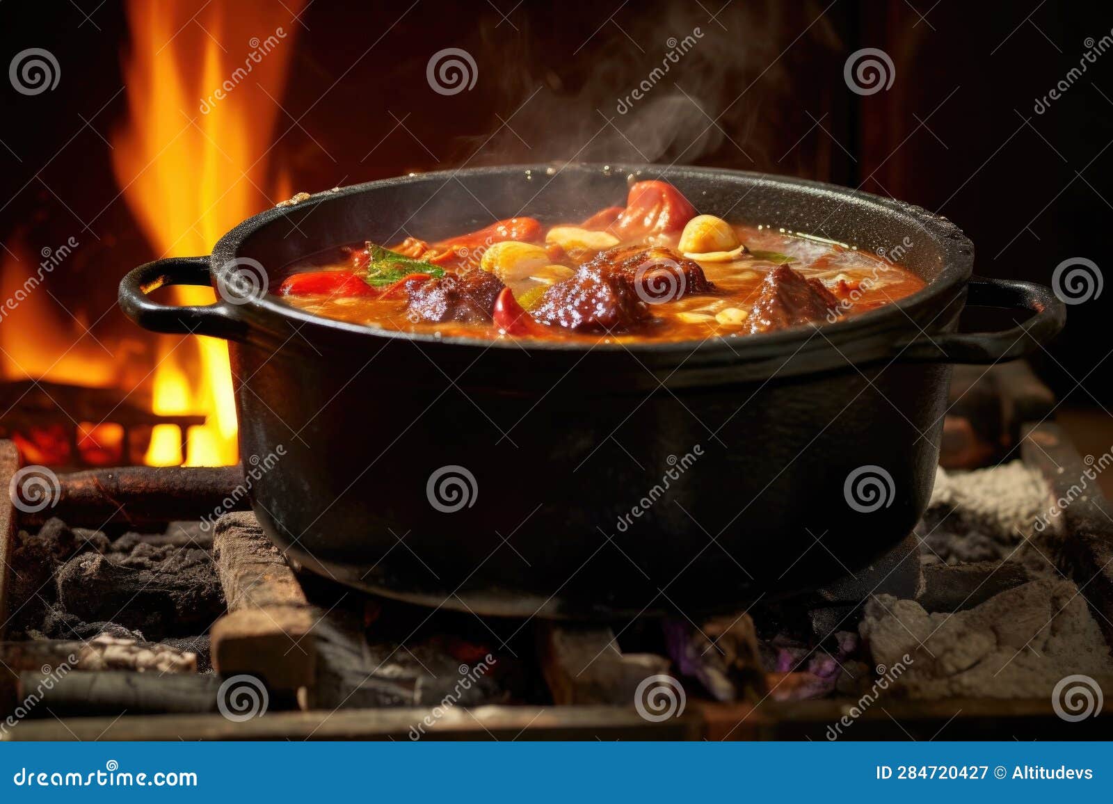 Goulash Bubbling in a Cast Iron Pot Over Open Flames Stock Image ...