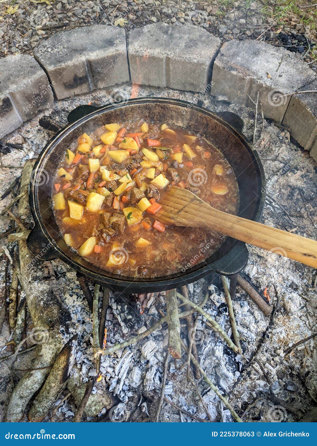Gourmet Beef Stew Cooked in Cauldron on Outdoor Fire Pit Stock Image ...