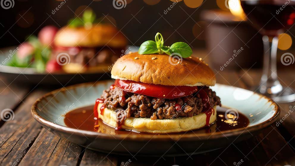 Gourmet Burger with Tomato and Basil on Rustic Plate Stock Illustration ...
