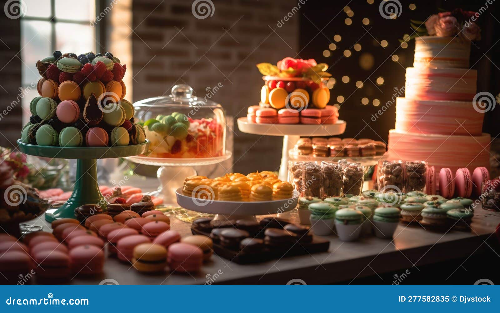 A Gourmet Dessert Buffet with Multi Colored Macaroons and Cheesecake ...