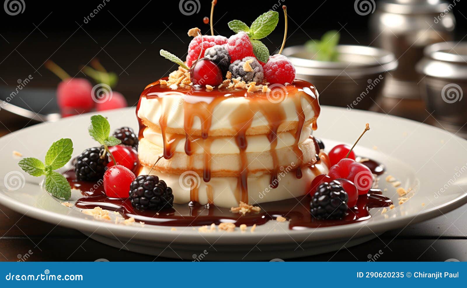 A Gourmet Dessert with Melting Cream in a Plate on White Table ...