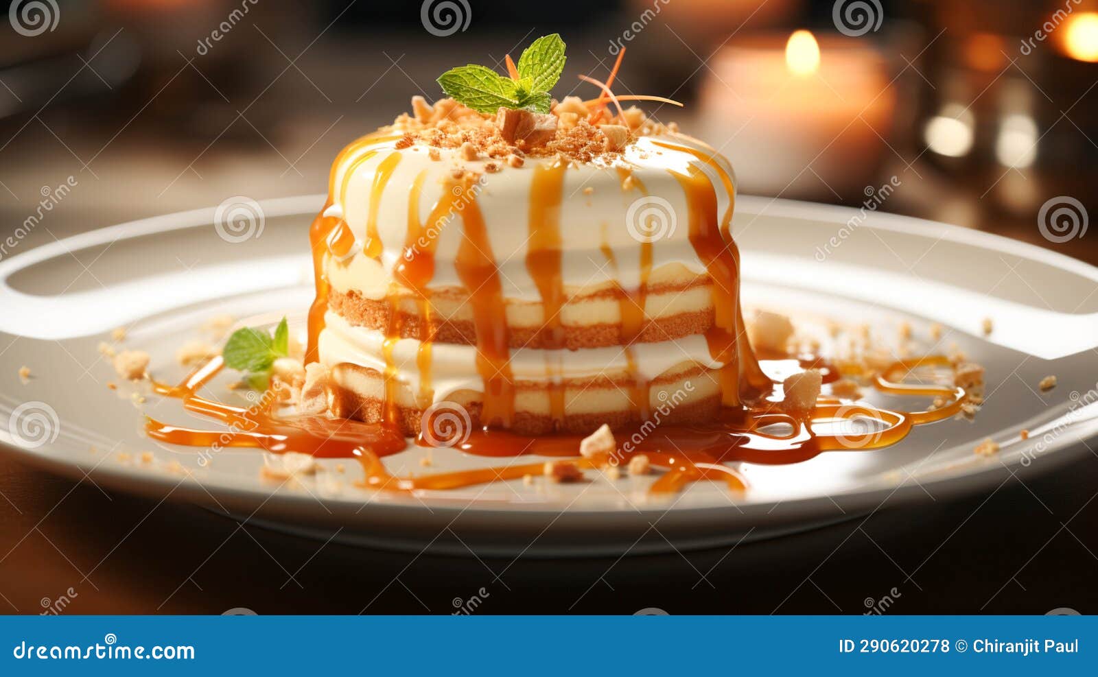 A Gourmet Dessert With Melting Cream In A Plate On White Table ...