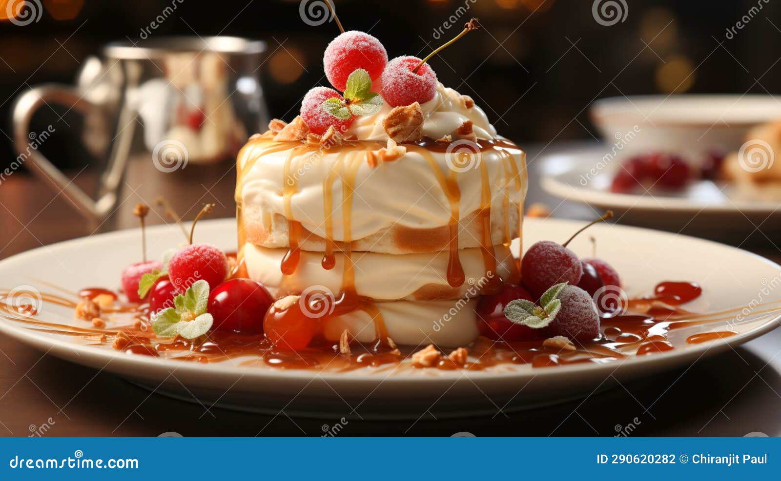 A Gourmet Dessert with Melting Cream in a Plate on White Table ...