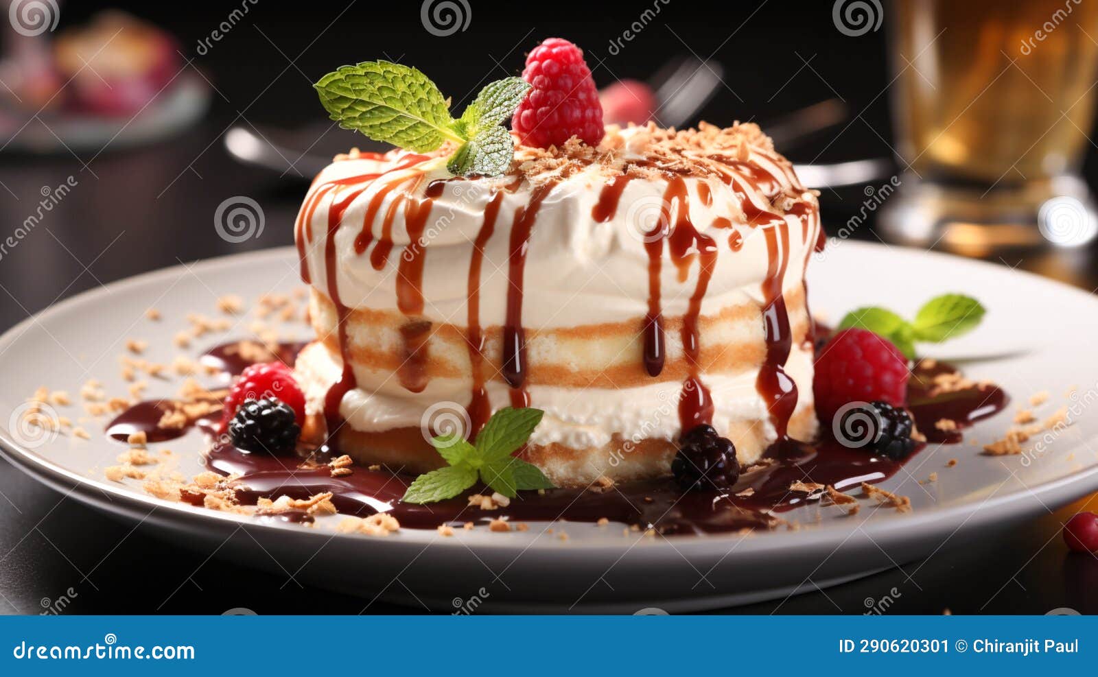 A Gourmet Dessert with Melting Cream in a Plate on White Table ...
