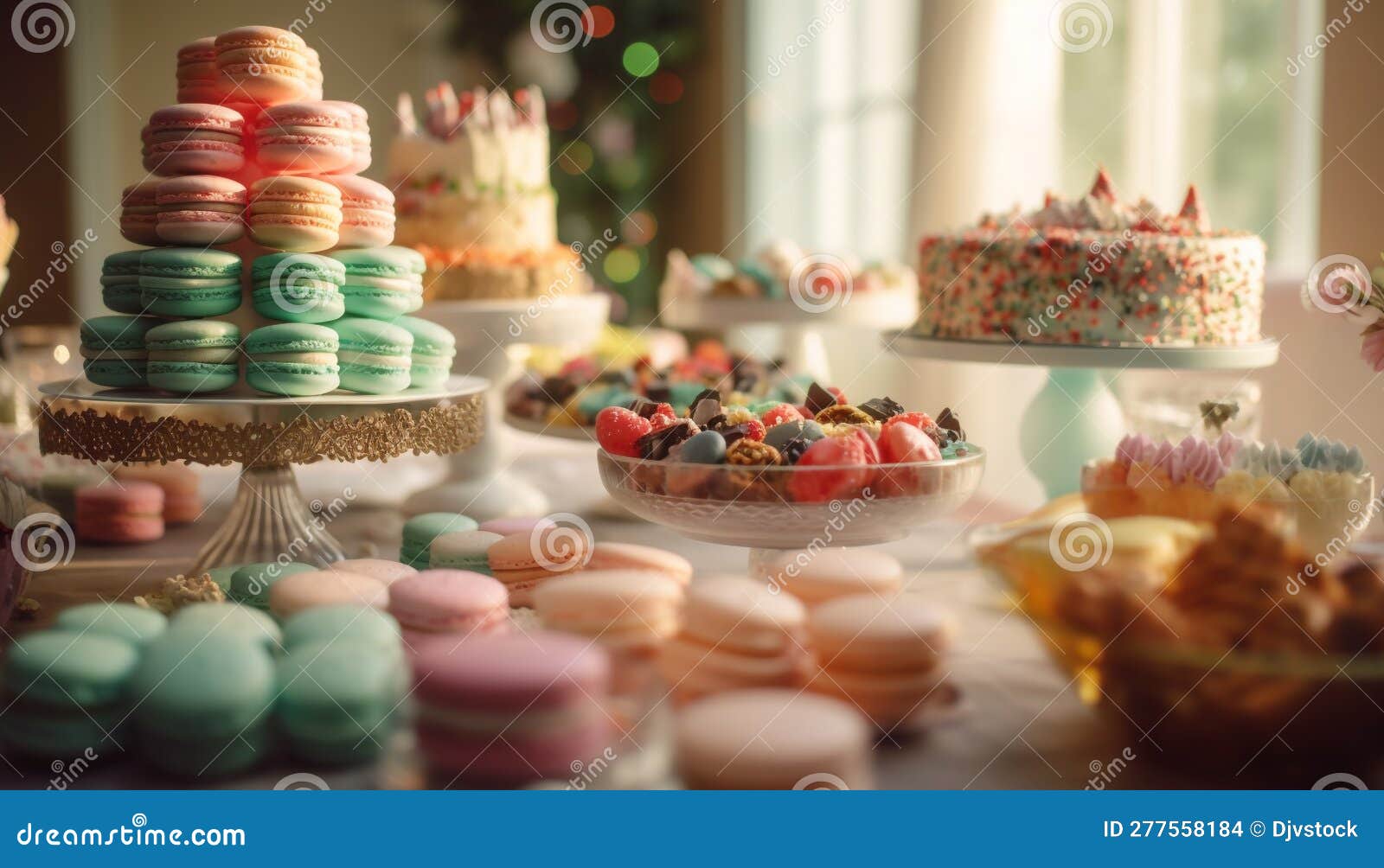 A Gourmet Dessert Table with Multi Colored Macaroons and Chocolate Cake ...