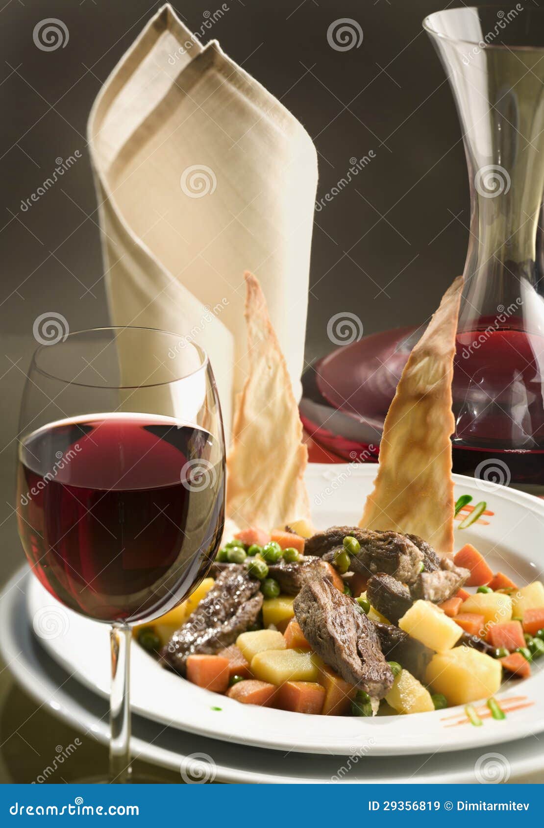 Gourmet Dinner with a Glass of Red Wine Stock Image - Image of napkin ...
