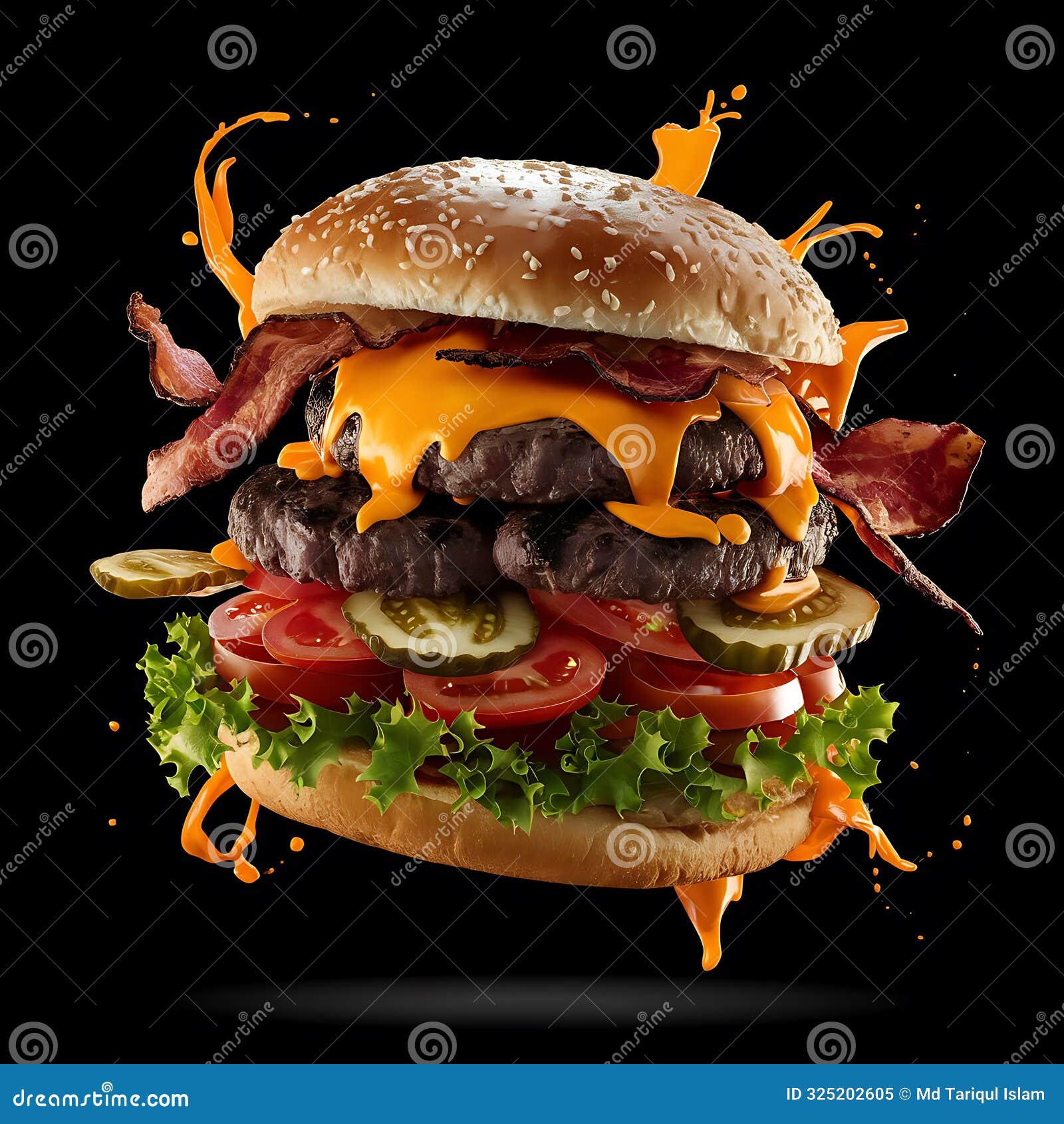 Gourmet Floating Cheeseburger Featuring Layers of Meat Presentation on ...