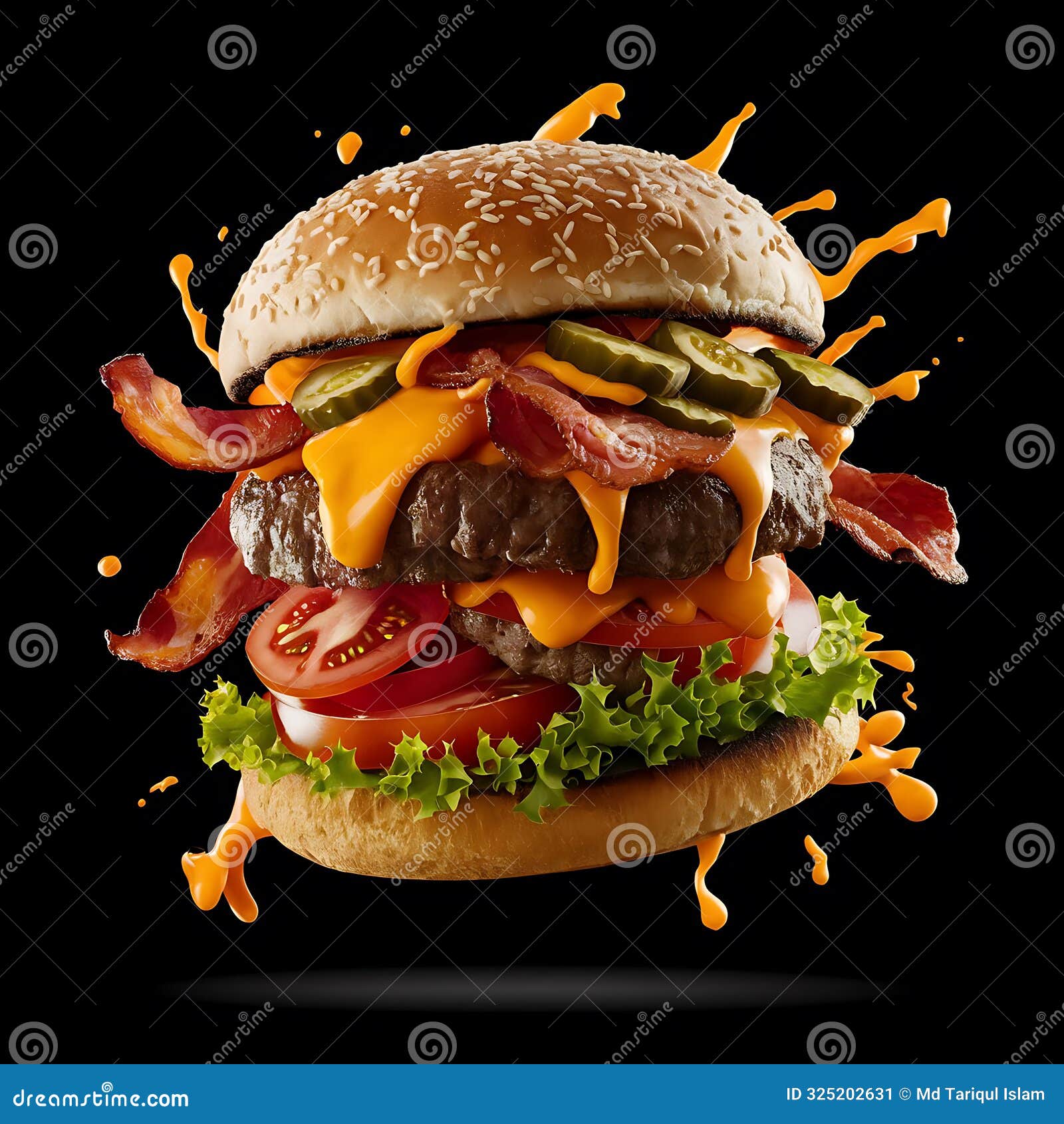 Gourmet Floating Cheeseburger Featuring Layers of Meat Presentation on ...