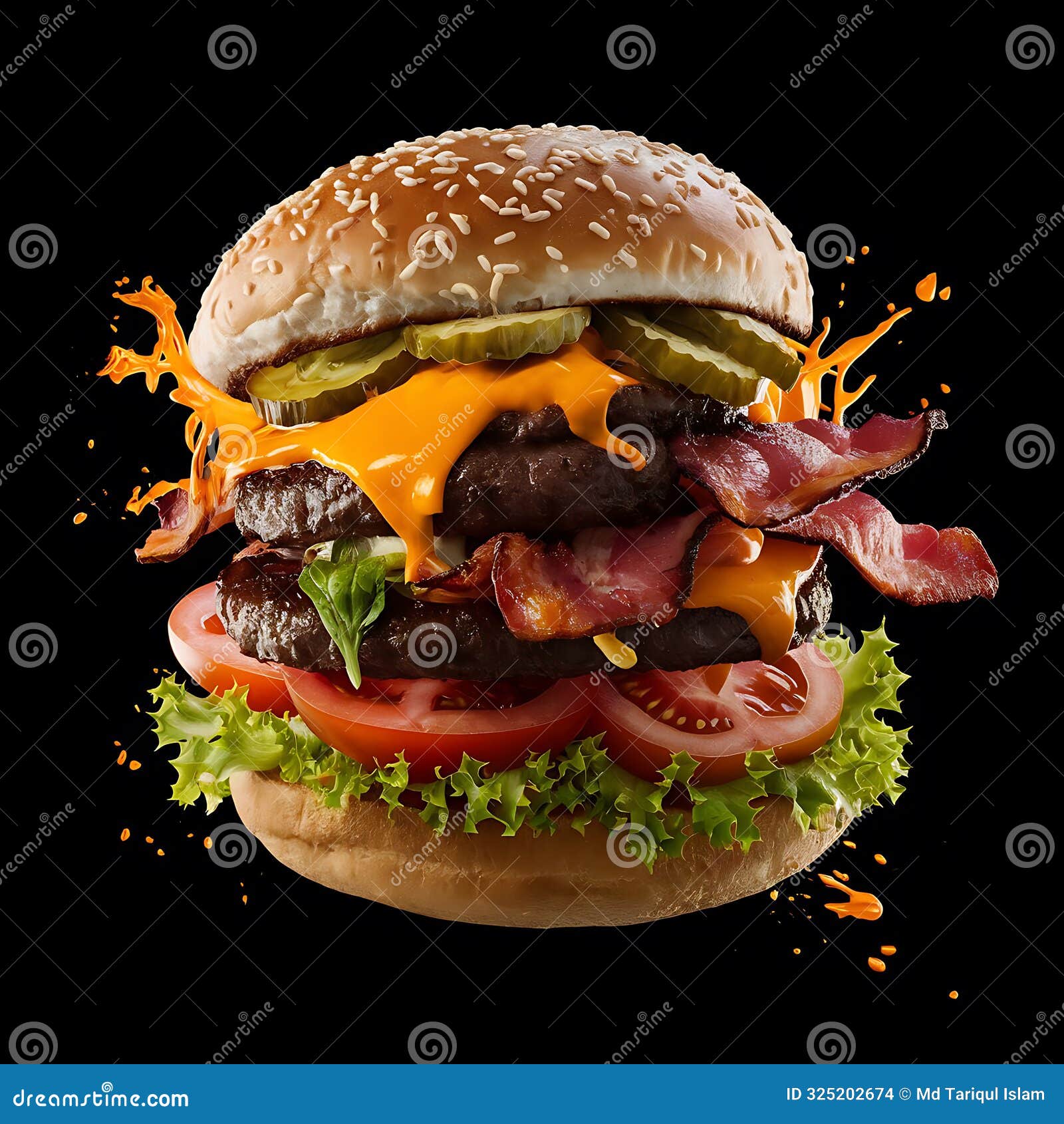 Gourmet Floating Cheeseburger Featuring Layers of Meat Presentation on ...
