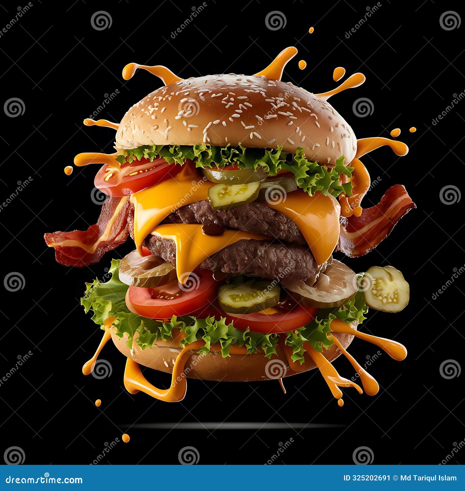 Gourmet Floating Cheeseburger Featuring Layers of Meat Presentation on ...