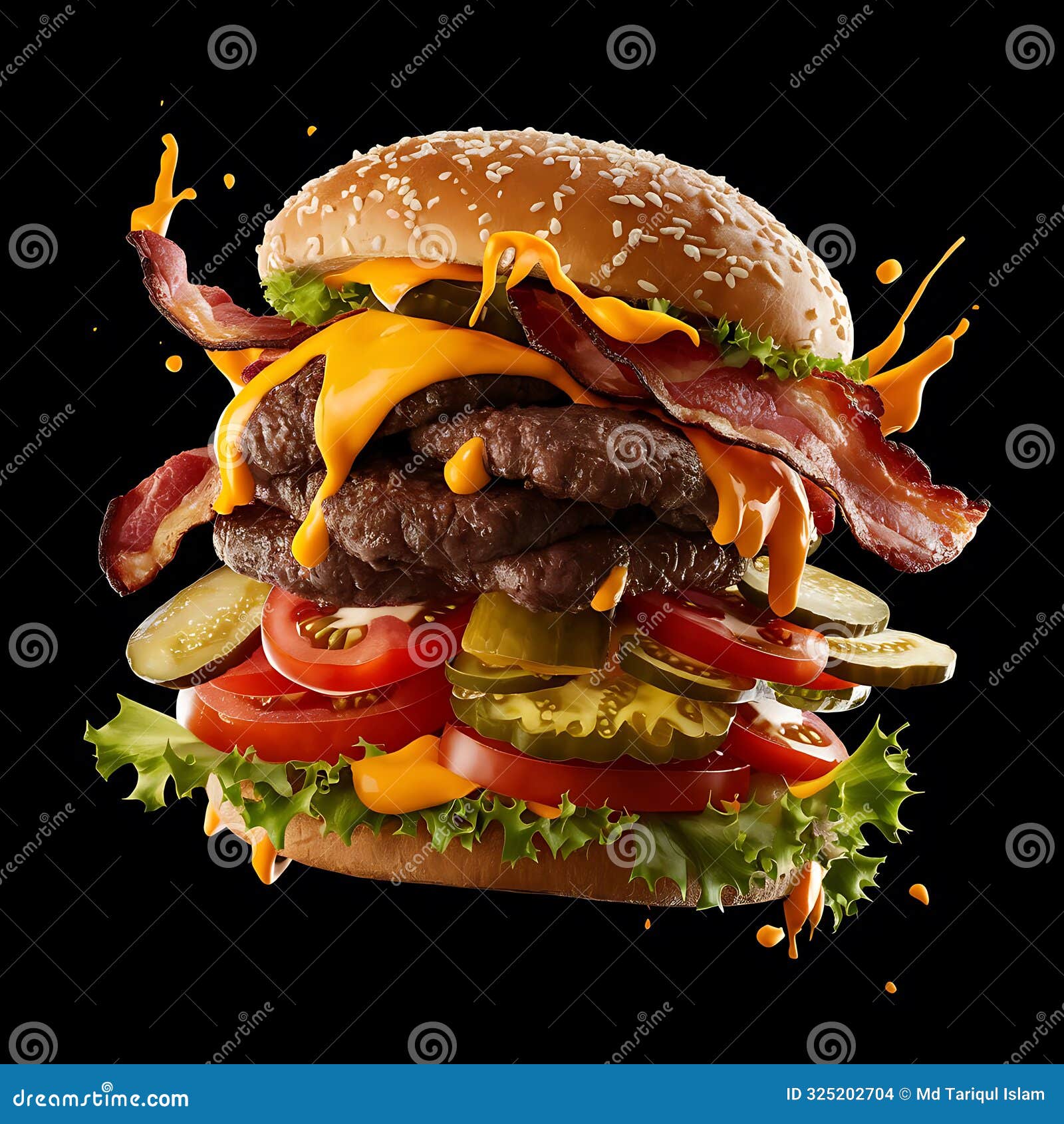 Gourmet Floating Cheeseburger Featuring Layers of Meat Presentation on ...