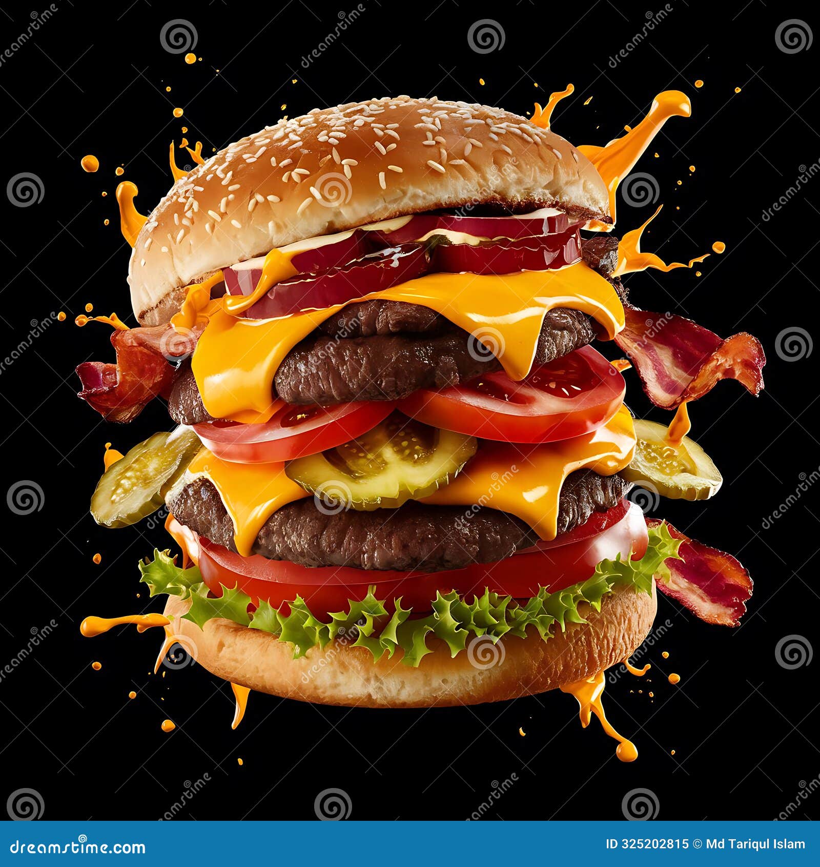 Gourmet Floating Cheeseburger Featuring Layers of Meat Presentation on ...