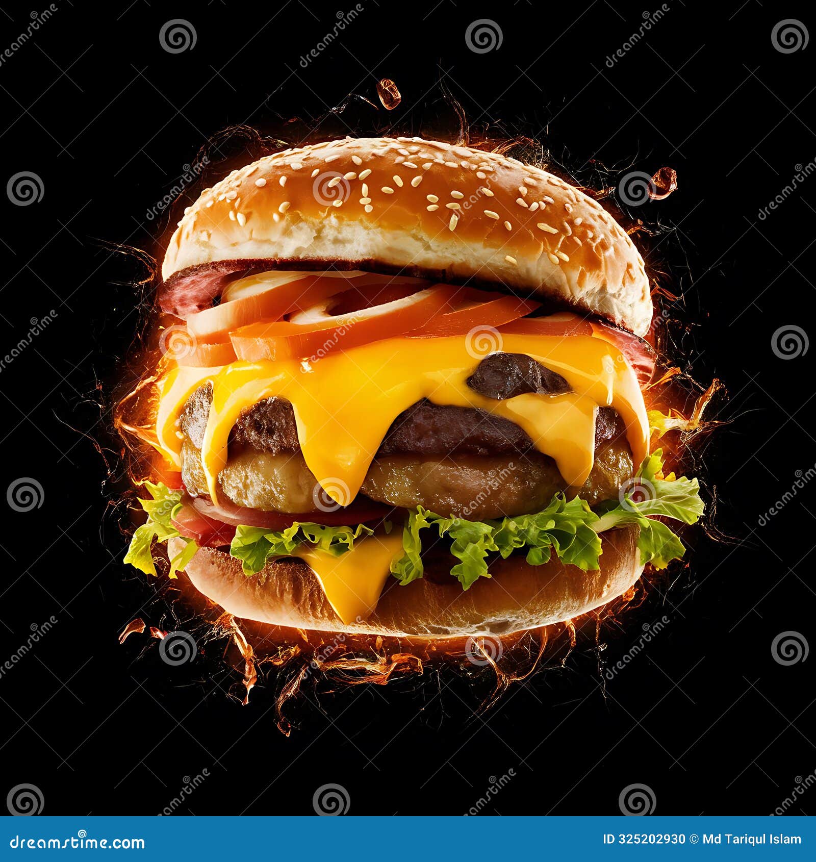Gourmet Floating Cheeseburger Featuring Layers of Meat Presentation on ...