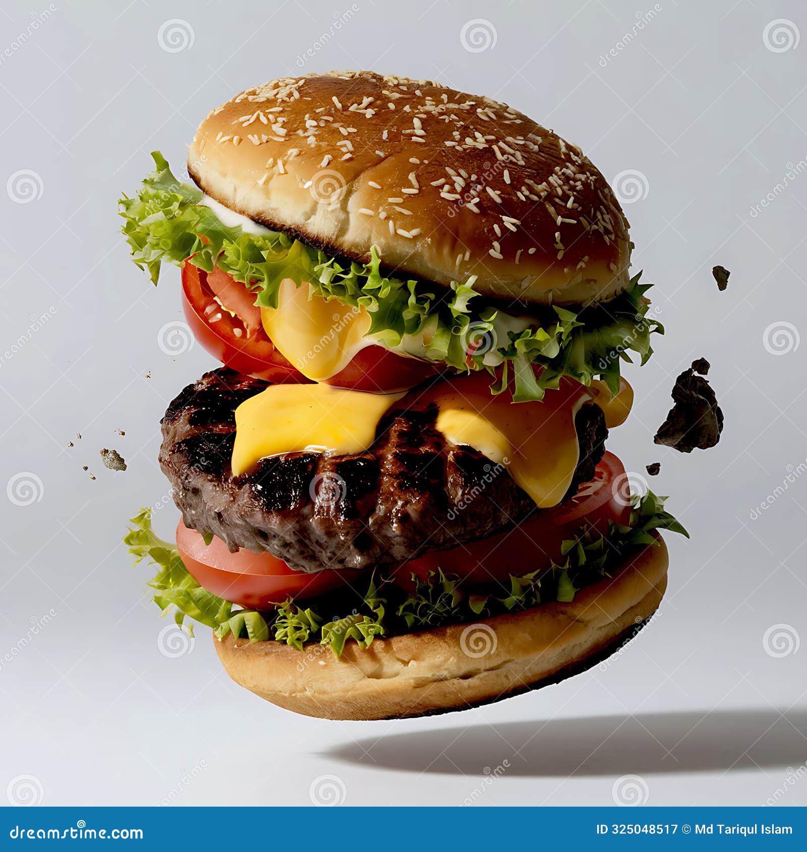 Gourmet Floating Cheeseburger Featuring Layers of Meat Presentation on ...