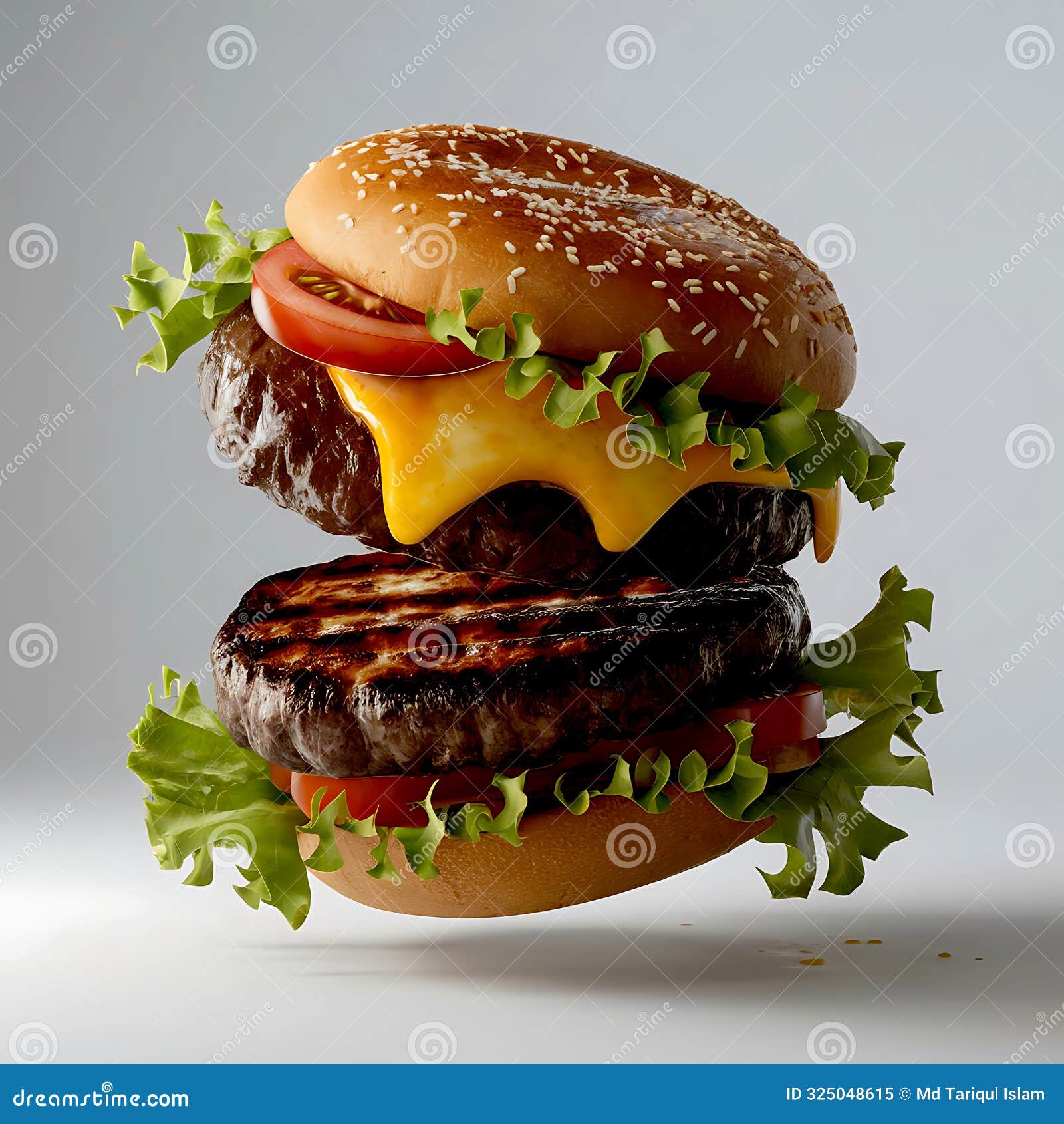 Gourmet Floating Cheeseburger Featuring Layers of Meat Presentation on ...