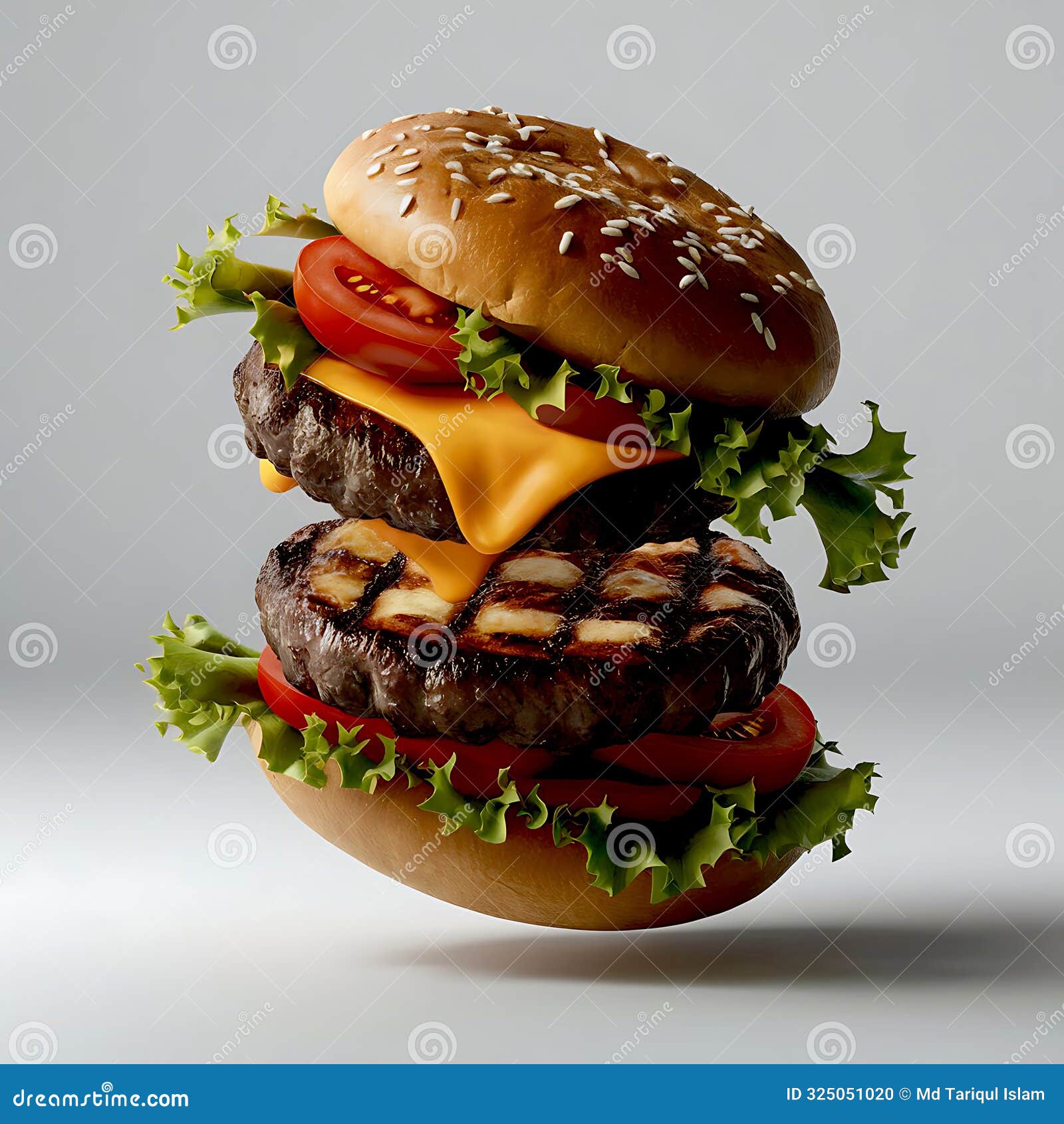 Gourmet Floating Cheeseburger Featuring Layers of Meat Presentation on ...