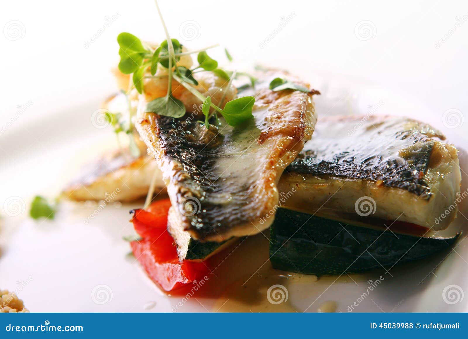 Gourmet Grilled Fish Served with Prawns Stock Photo - Image of pepper ...