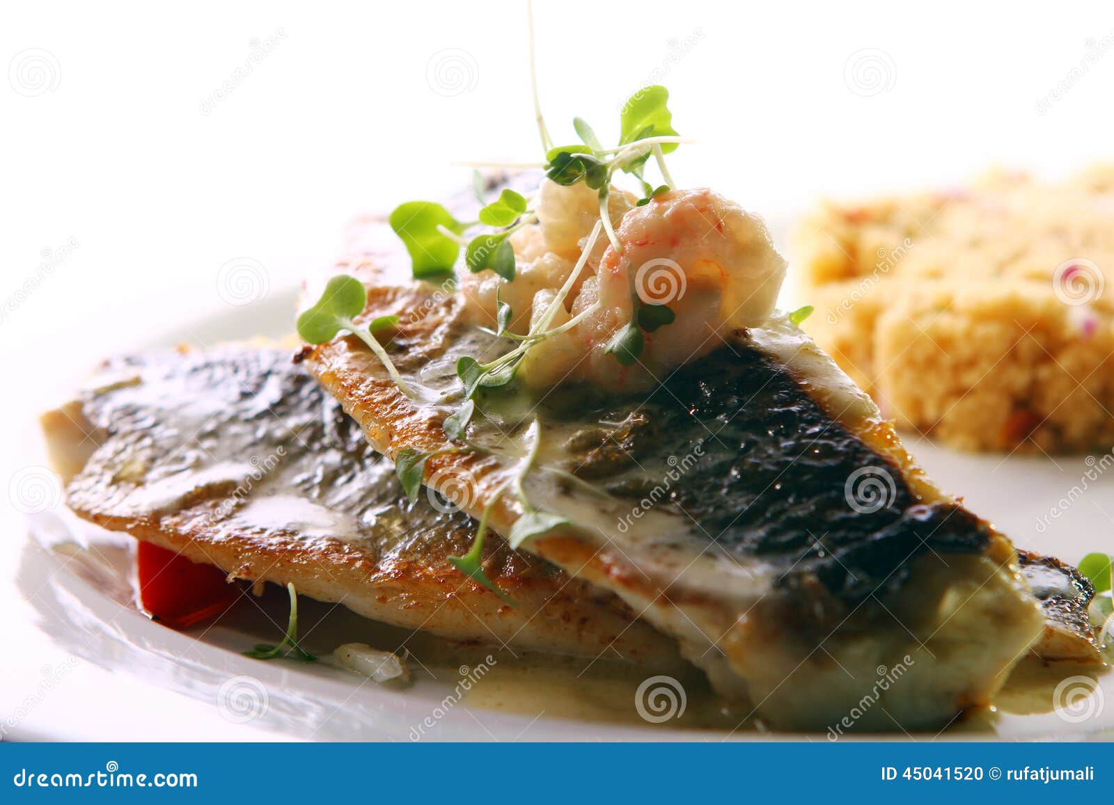 Gourmet Grilled Fish Served with Prawns Stock Photo - Image of cook ...